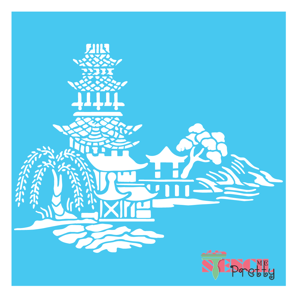 Japanese Temple Oshika Village and Willow Tree Stencil — Stencil Me Pretty