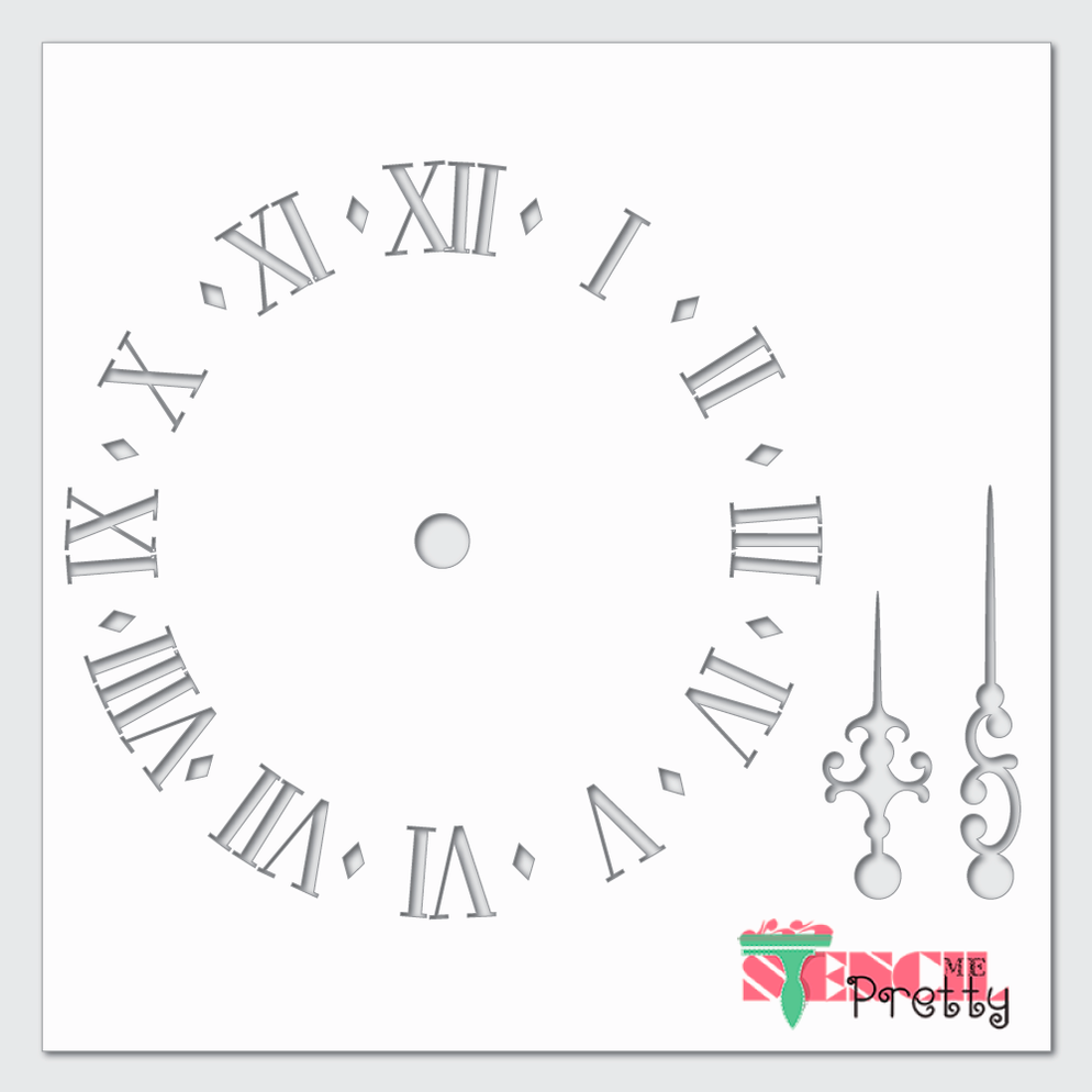 Fancy Clock Face Stencil with Dials and Roman Numerals — Stencil Me Pretty